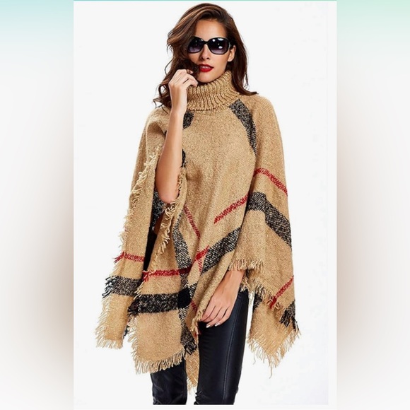 Sweaters | Chic Tan Poncho With Fringe Detailing | Poshmark